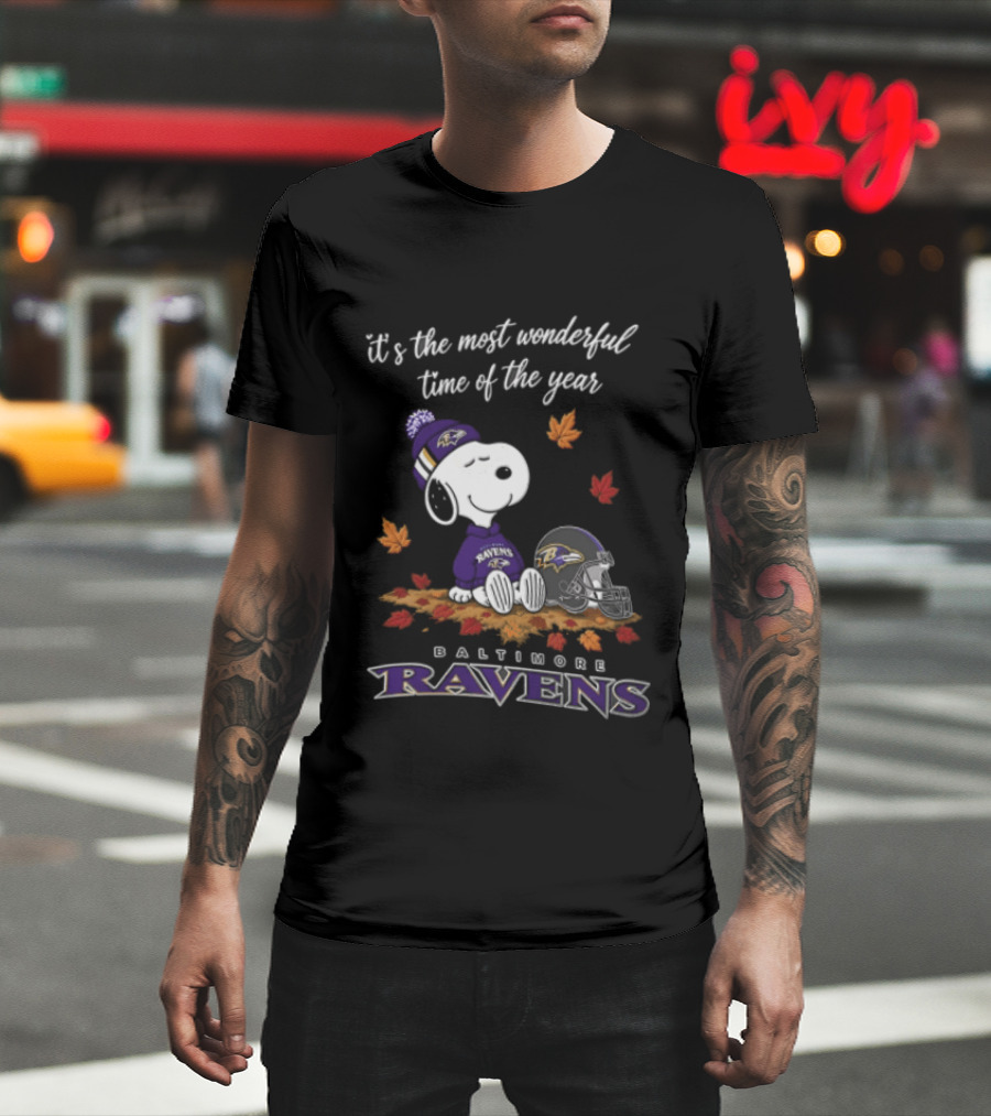 It's The Most Wonderful Time Of The Year Snoopy Baltimore Ravens Beagle Beanie Helmet Autumn Leaves T-Shirt