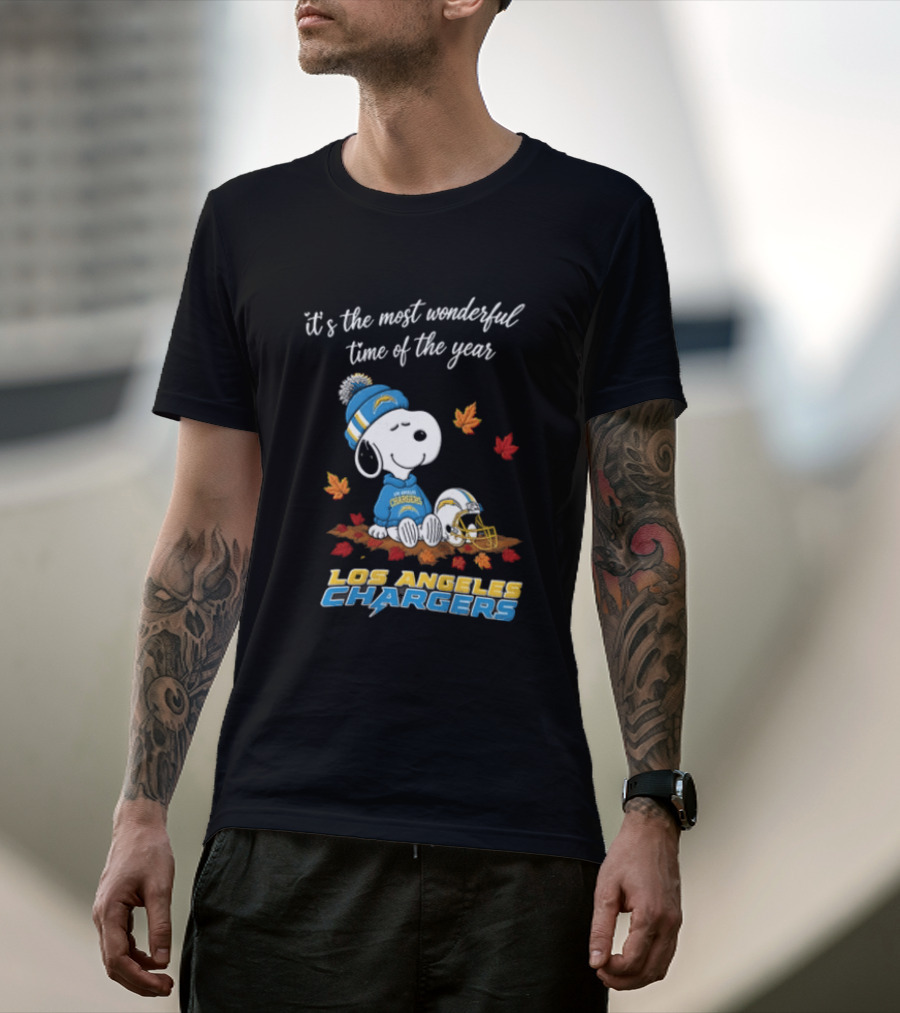 It's The Most Wonderful Time Of The Year Snoopy Los Angeles Chargers Beanie Autumn Leaves Football Helmet T-Shirt