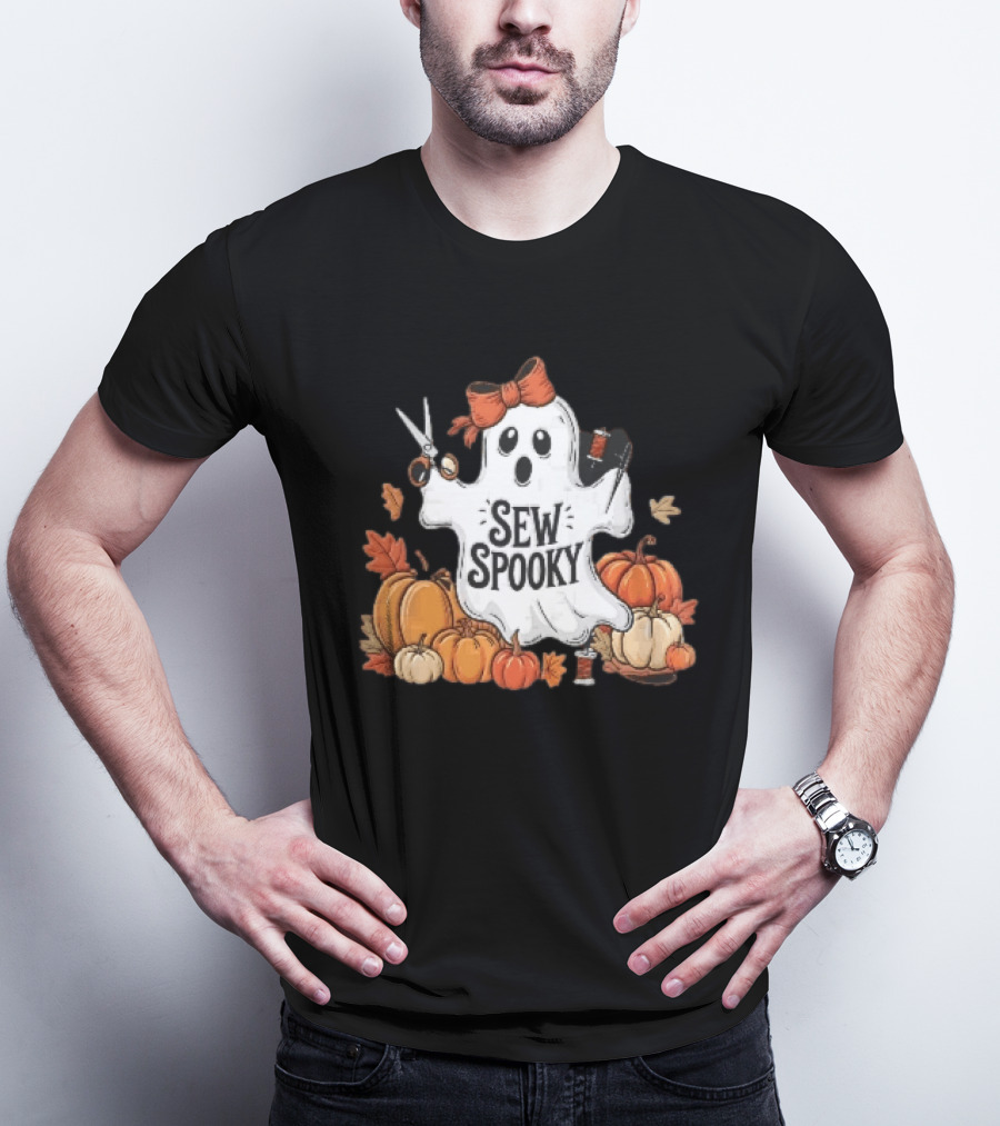 Sew Spooky Ghost With Bow Scissors Pumpkins Autumn Leaves Thread Spools T-Shirt