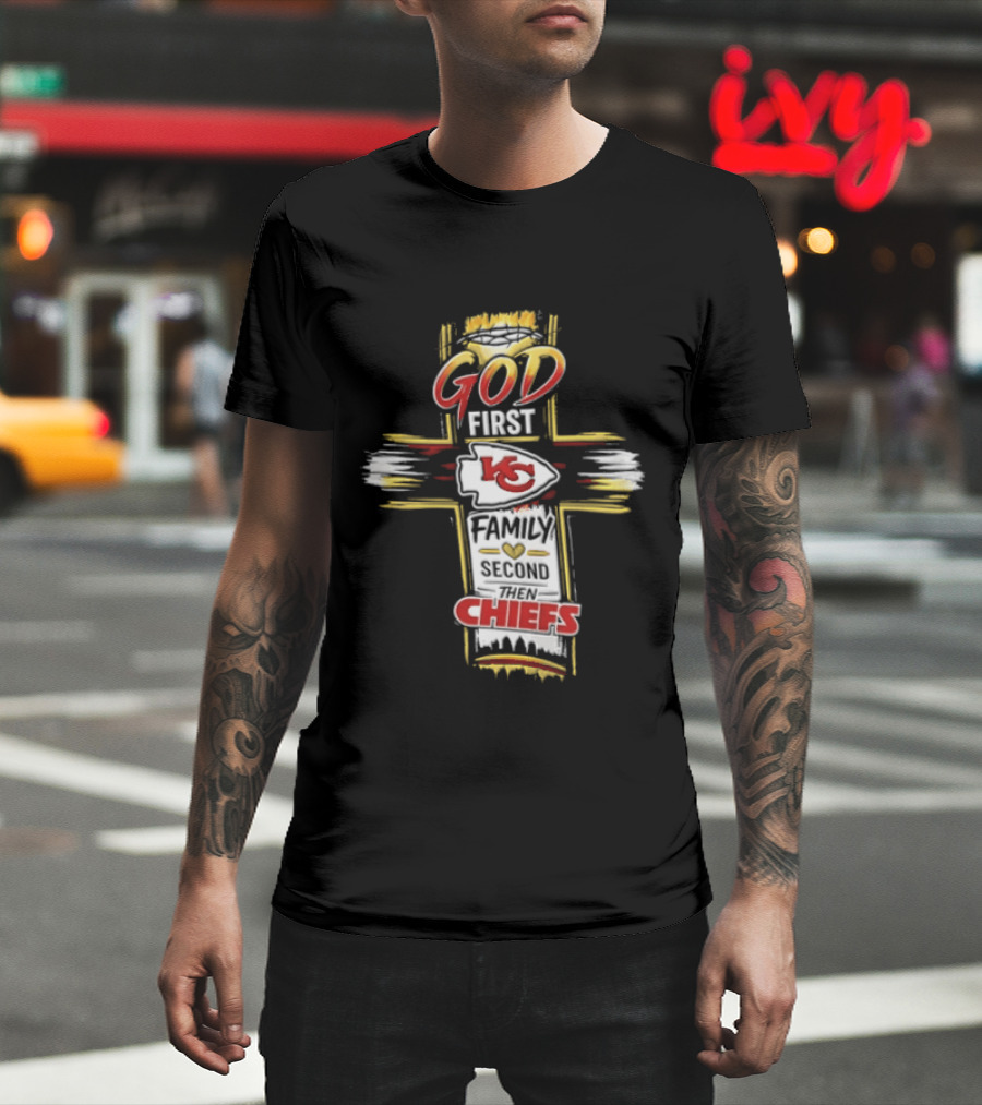 God First Family Second Kansas City Chiefs Cross Crown Of Thorns T-Shirt