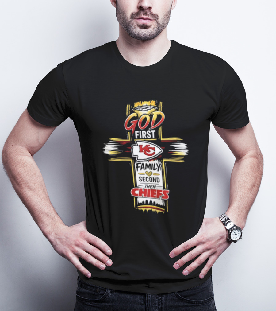 God First Family Second Kansas City Chiefs Cross Crown Of Thorns T-Shirt