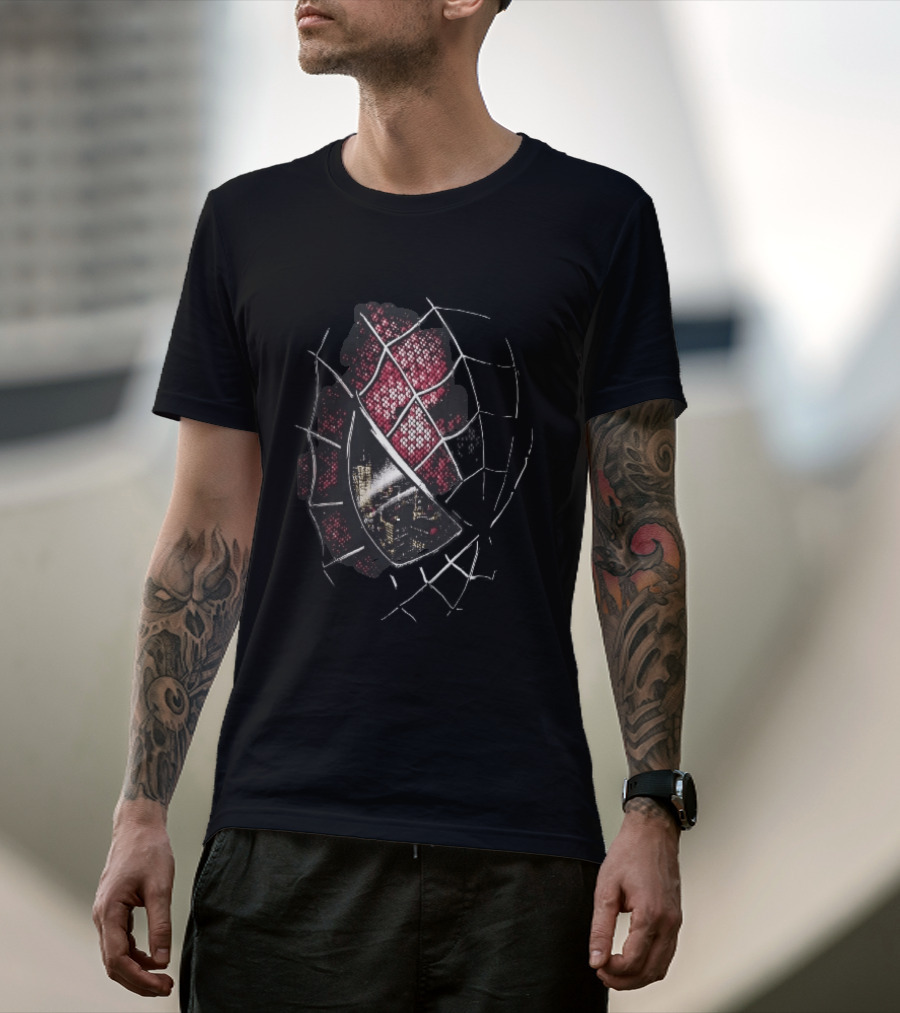 Spider Man Mask With City Skyline Reflection In Night Sketch Lines T-Shirt