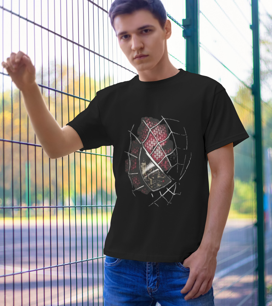 Spider Man Mask With City Skyline Reflection In Night Sketch Lines T-Shirt