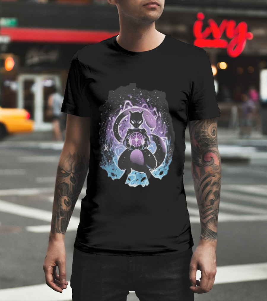Mewtwo Cosmic Purple Energy Sphere Galaxy Stars Blue Flames T-Shirt
