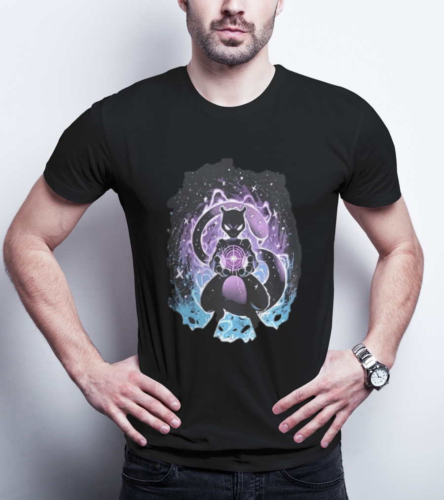 Mewtwo Cosmic Purple Energy Sphere Galaxy Stars Blue Flames T-Shirt