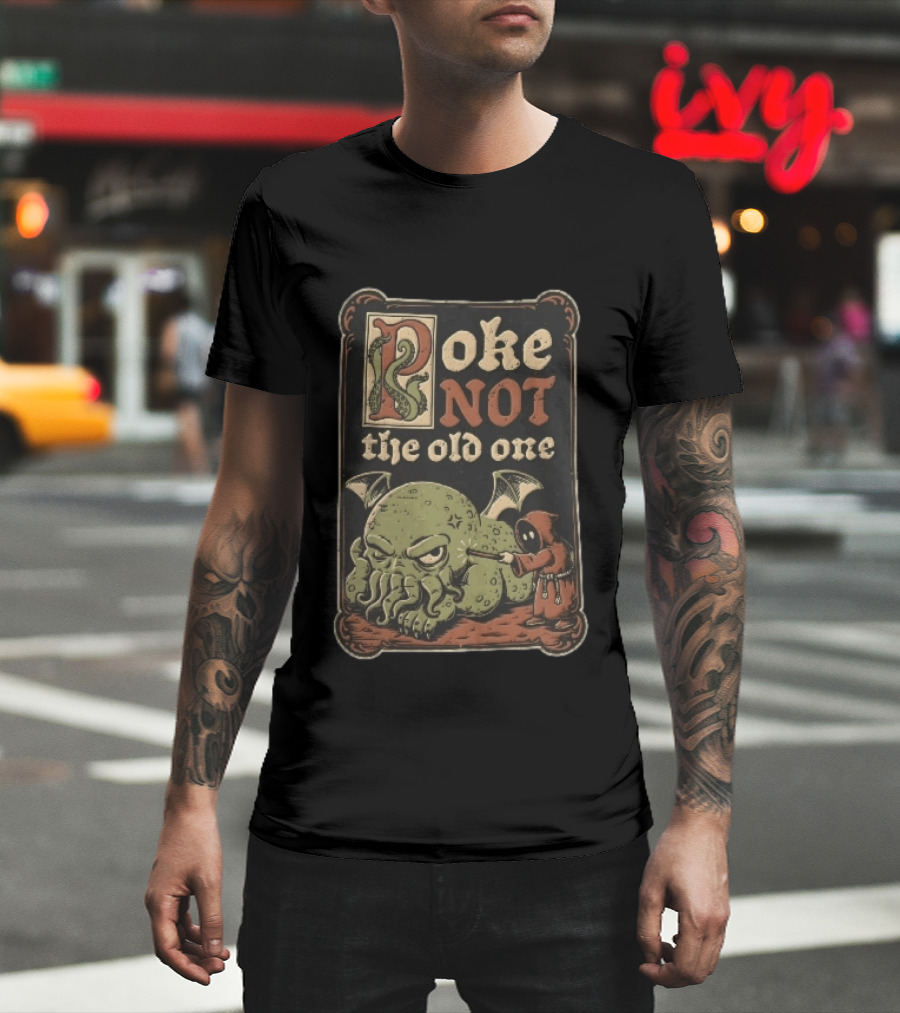 Poke Not The Old One Chibi Cthulhu Hooded Cultist Poking Stick Cartoon Frame T-Shirt