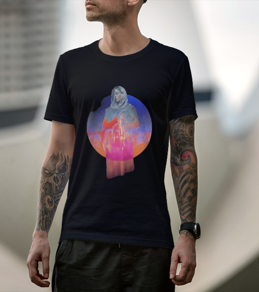 Veiled Hooded Cloak Double Exposure Bare Trees Glowing Sunset Globe T-Shirt