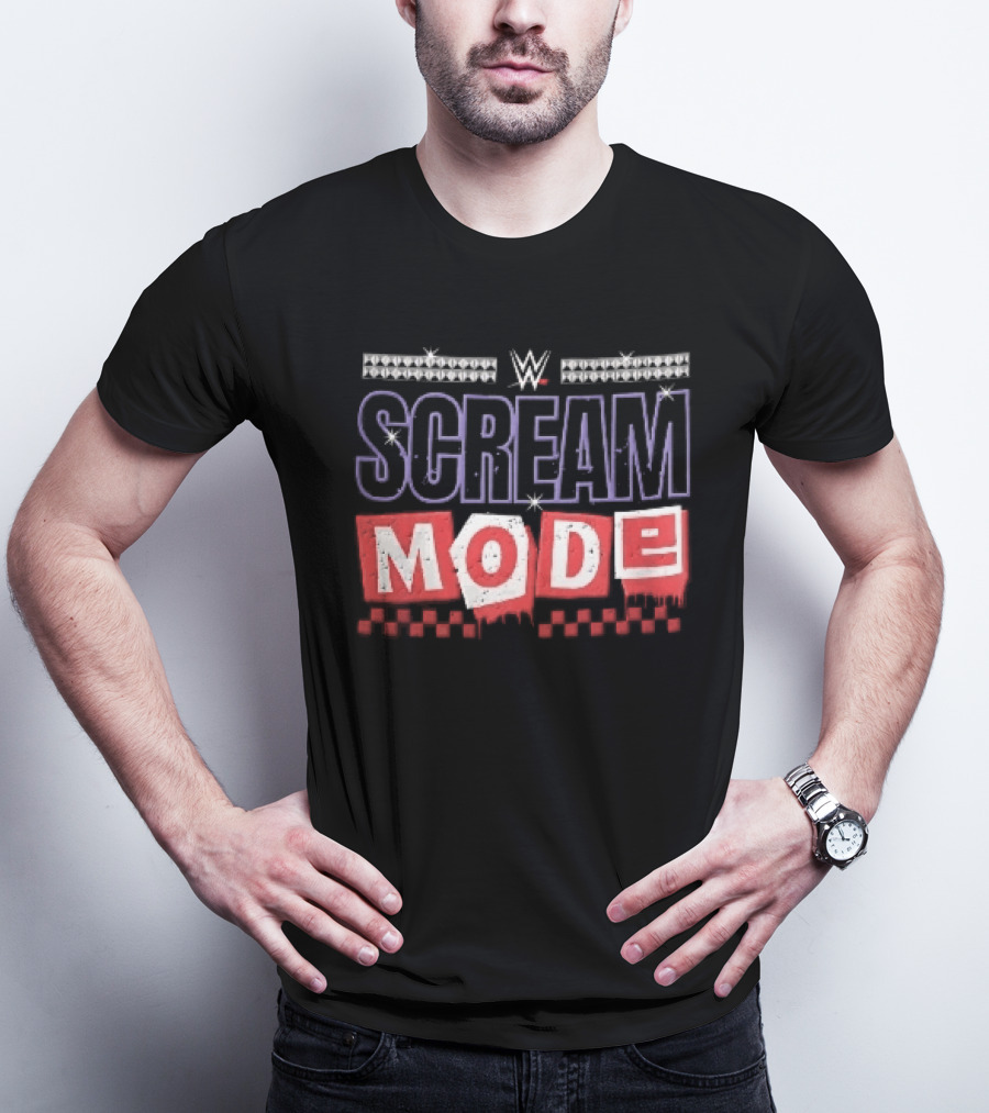 Scream Mode WWE Silver Studs Red Cutout Dripping Blocks Checkered T-Shirt
