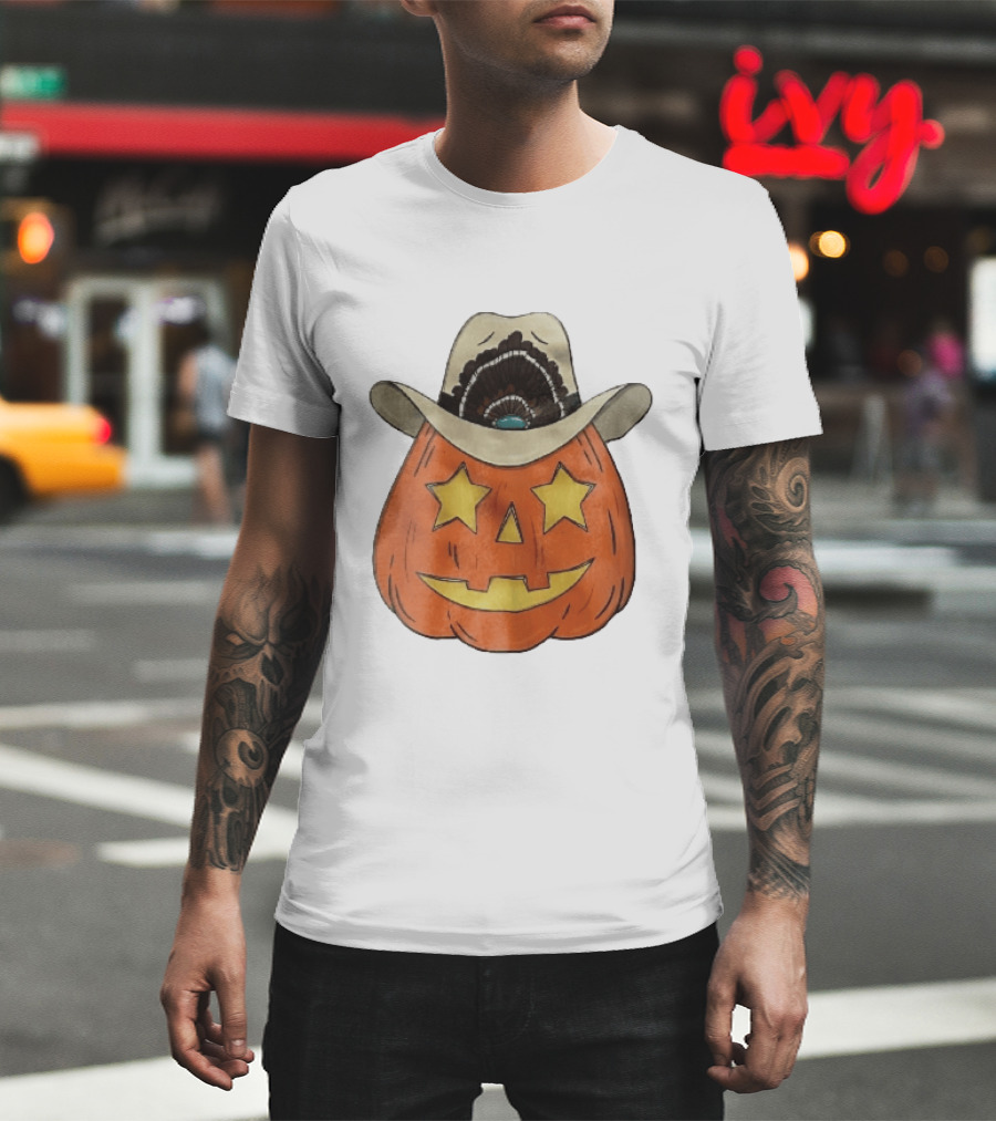 Starry Eyed Jack O Lantern Pumpkin Cowboy Hat Feather T-Shirt
