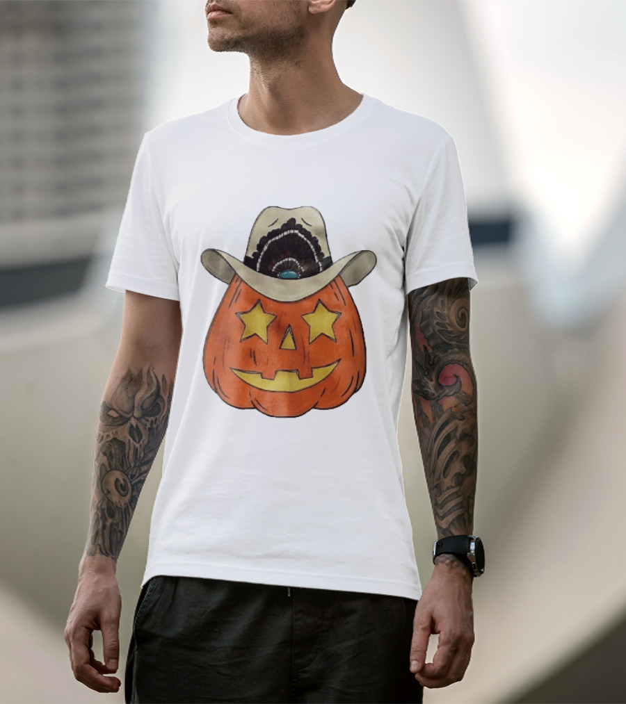 Starry Eyed Jack O Lantern Pumpkin Cowboy Hat Feather T-Shirt