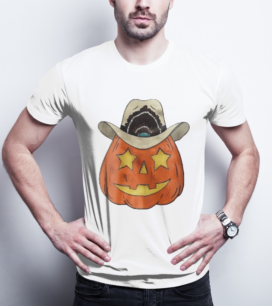 Starry Eyed Jack O Lantern Pumpkin Cowboy Hat Feather T-Shirt