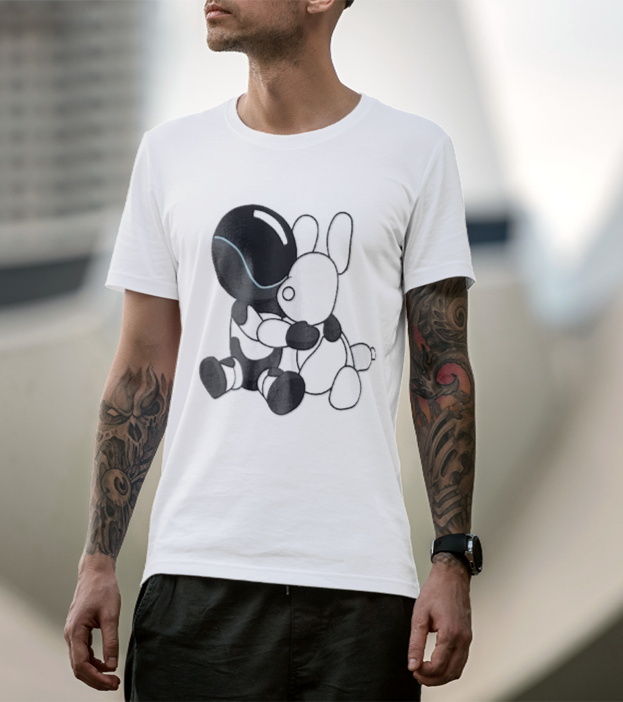 Cartoon Robot Embracing White Bunny Plush Toy T-Shirt