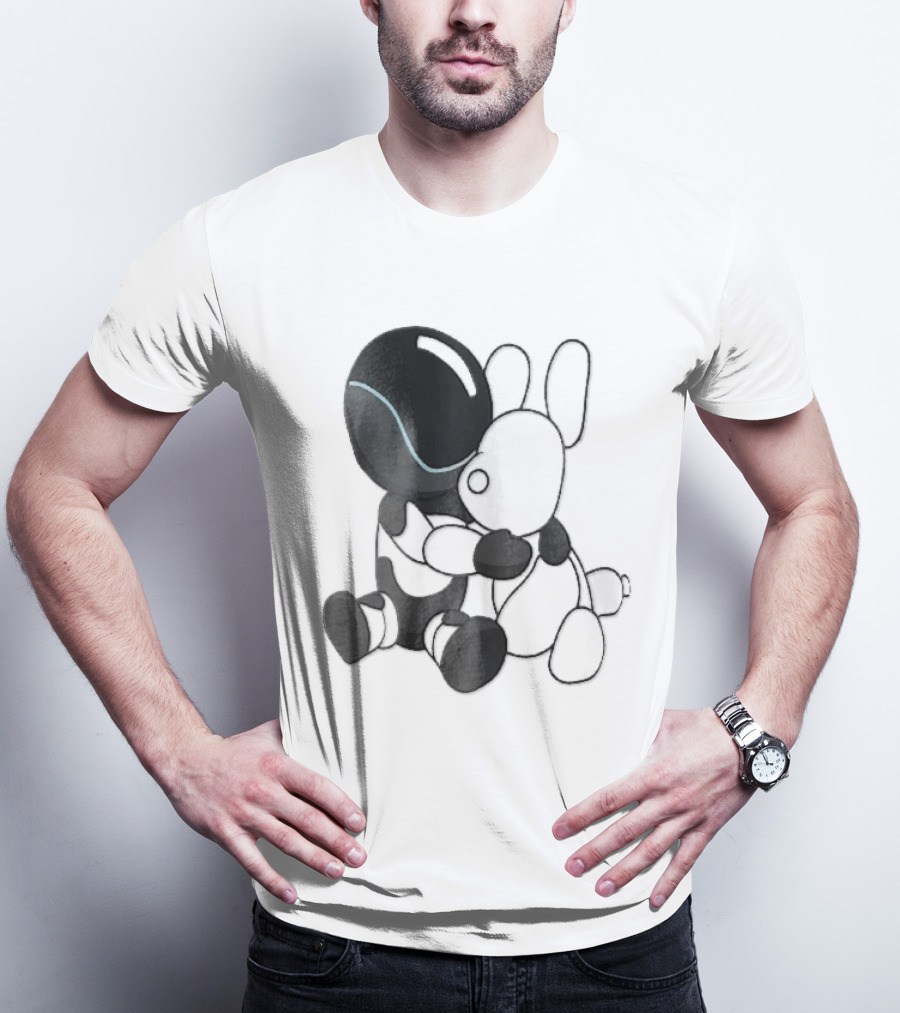 Cartoon Robot Embracing White Bunny Plush Toy T-Shirt