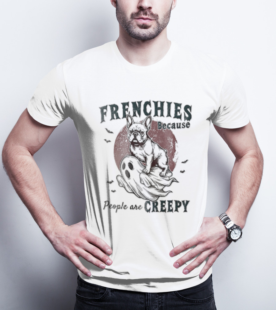 Frenchies Because People Are Creepy Bulldog Ghost Bats Red Moon Distressed T-Shirt
