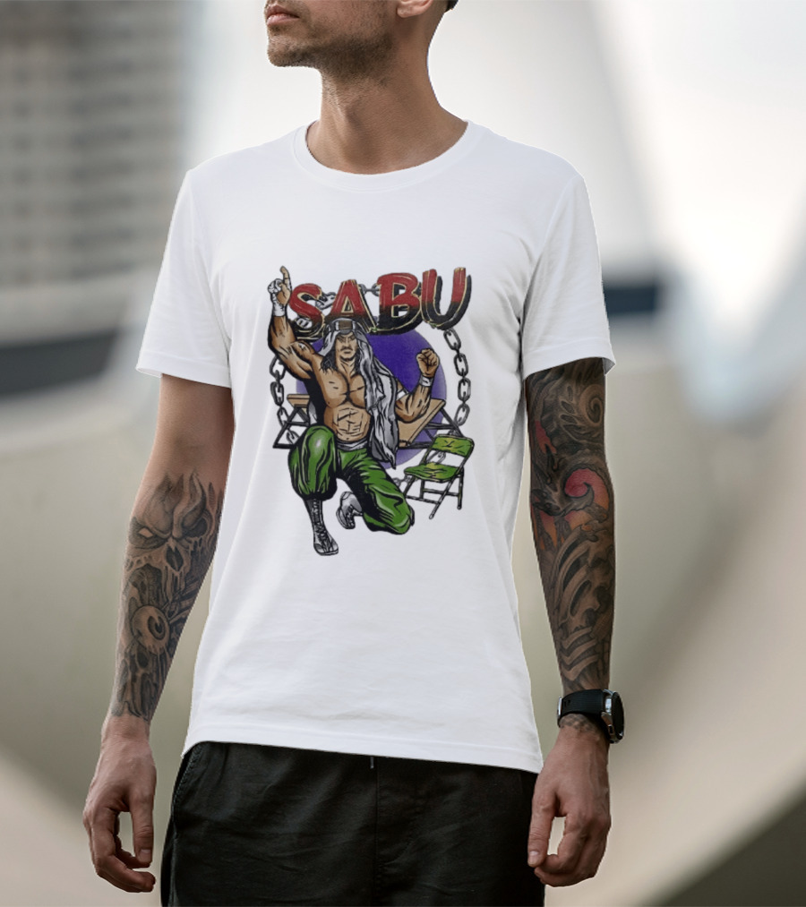 Sabu Terry Brunk Cartoon Kneeling Pose Green Chair Wooden Table Chains T-Shirt
