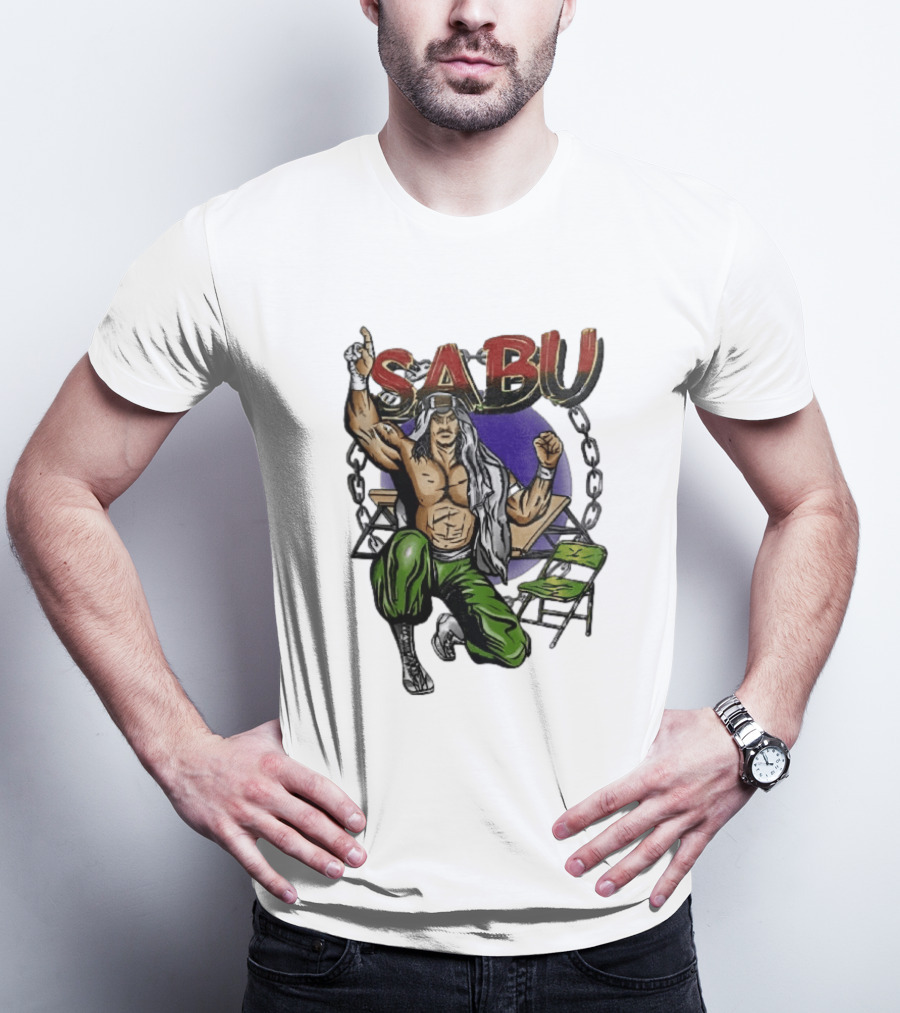 Sabu Terry Brunk Cartoon Kneeling Pose Green Chair Wooden Table Chains T-Shirt