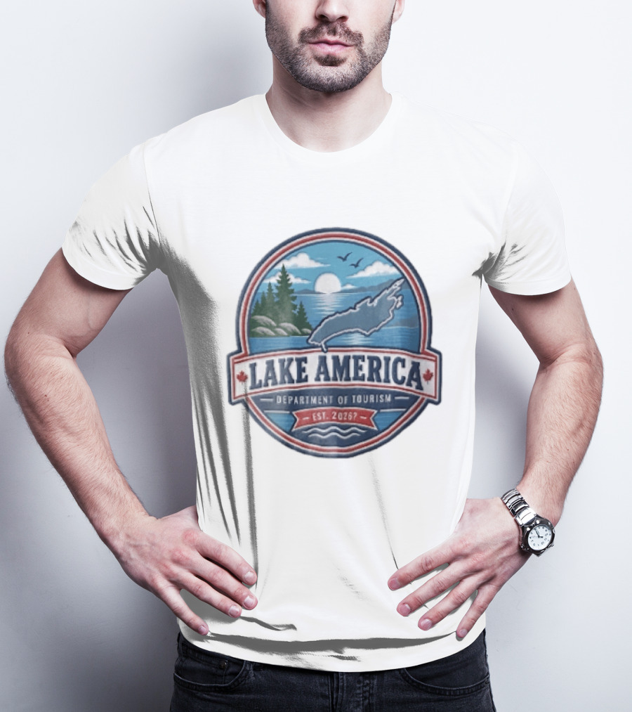 Lake America Department Of Tourism Est 2026 Circular Sunrise Pine Trees Scenic Landscape T-Shirt