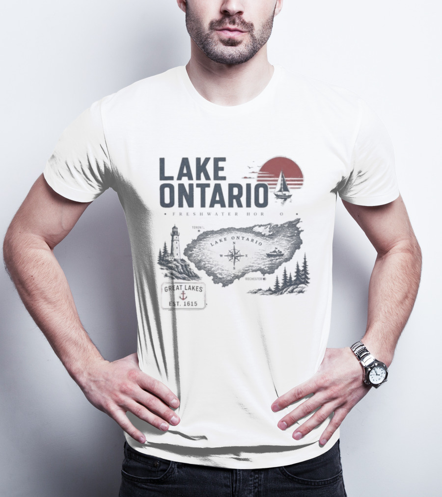 Lake Ontario Rochester Great Lakes Est 1615 Vintage Scenic Sunset License Plate Anchored Sailboat Lighthouse T-Shirt