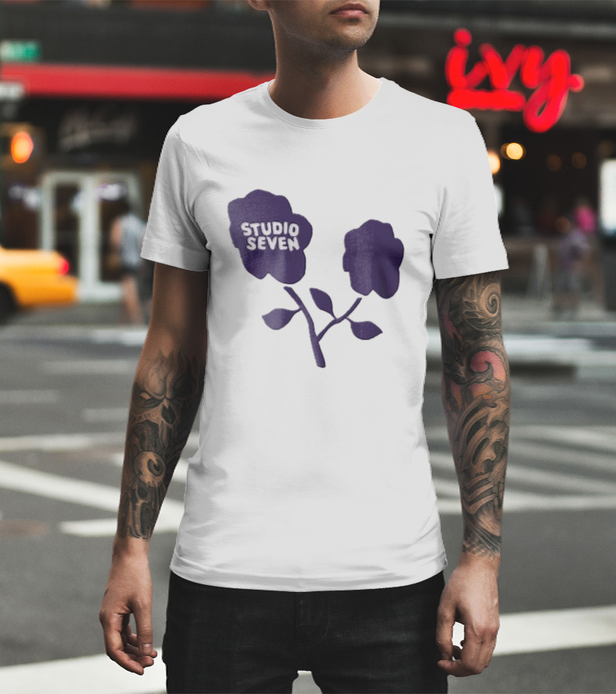 Studio Seven Hand Drawn Purple Flowers Stem Leaves T-Shirt