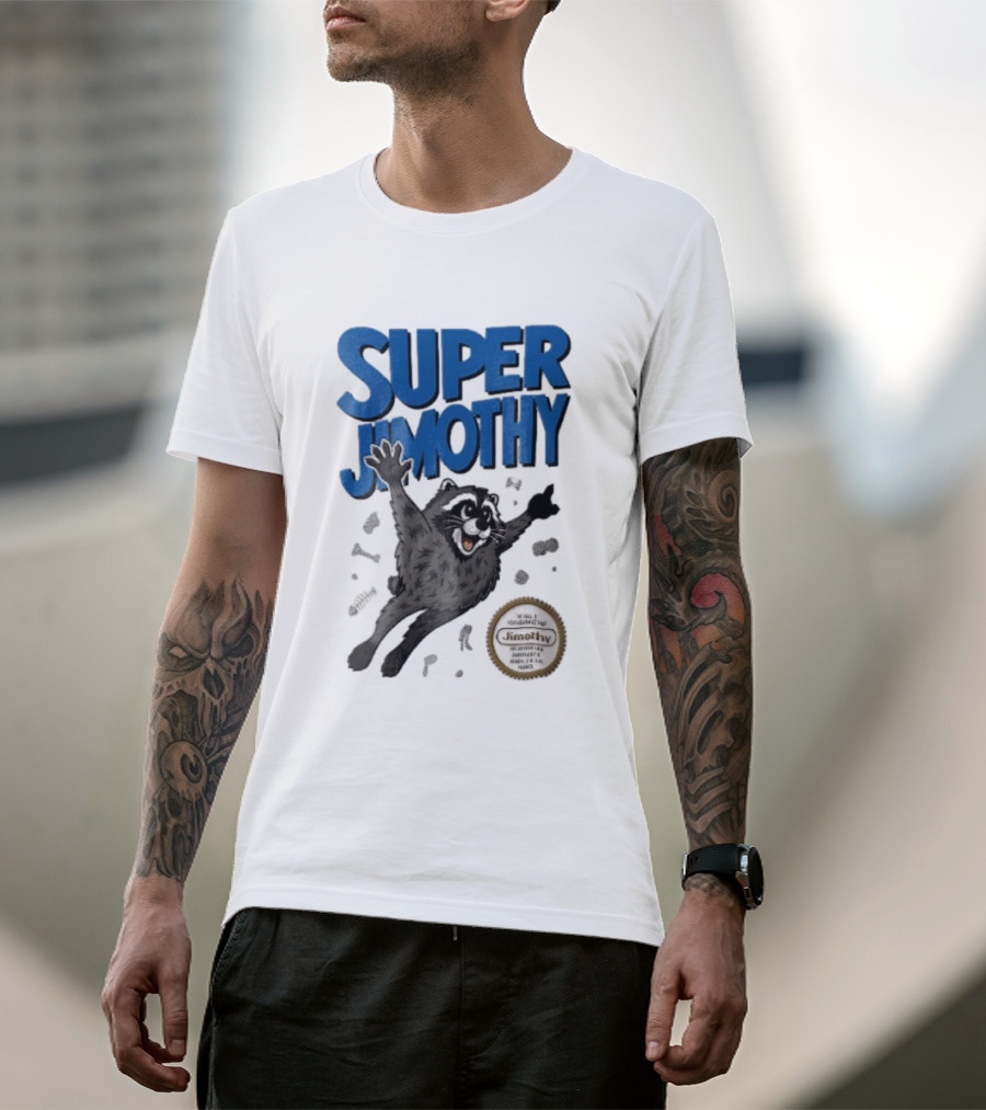 Super Jimothy Cartoon Flying Raccoon Trash Scraps Gold Seal T-Shirt