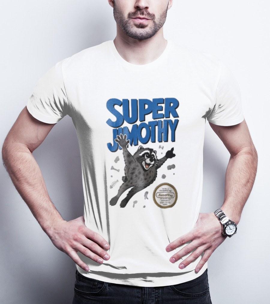 Super Jimothy Cartoon Flying Raccoon Trash Scraps Gold Seal T-Shirt