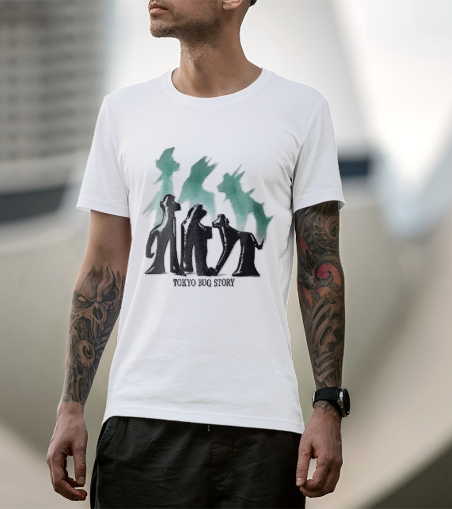 Tokyo Bug Story Glossy Black Figures Green Watercolor Shadows T-Shirt