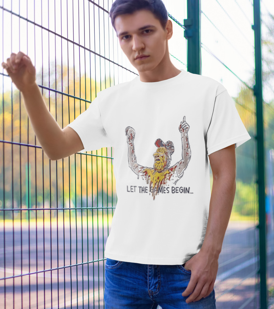 Let The Games Begin Caricature Beard Sunglasses Dripping Mustard Ketchup Line Arms Raised T-Shirt