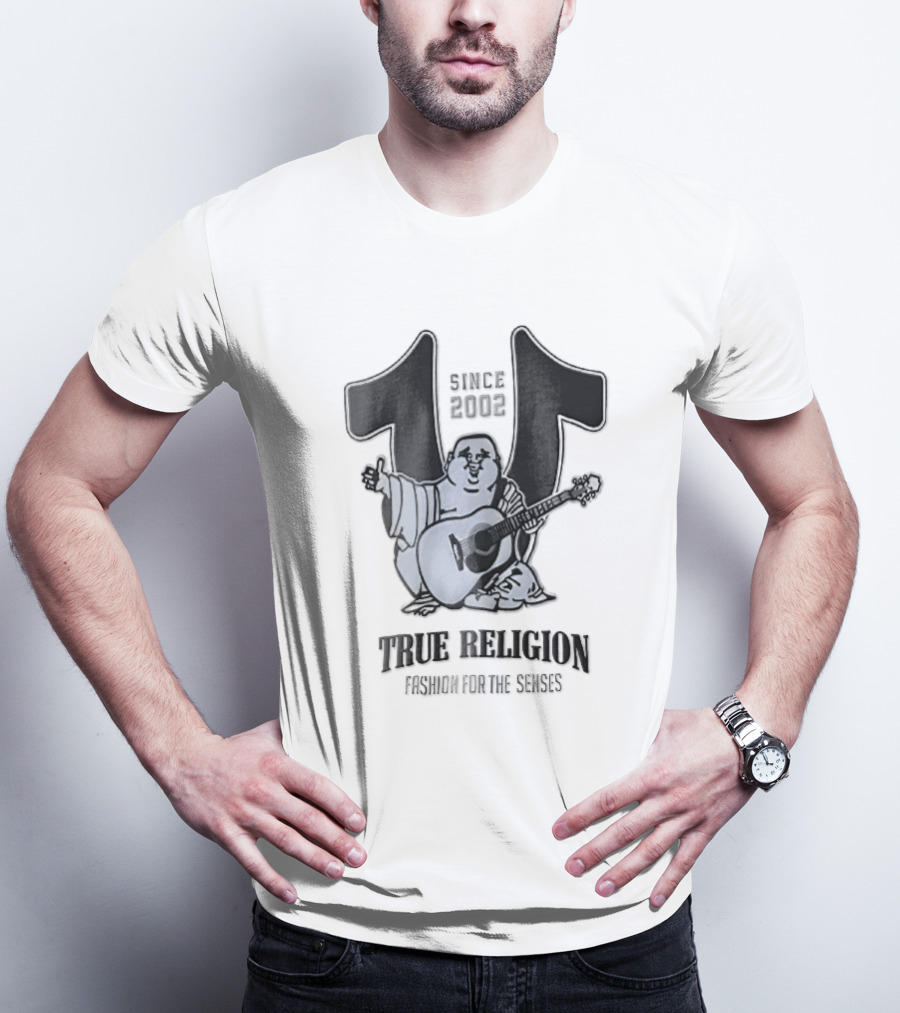 True Religion Since 2002 Laughing Buddha Playing Acoustic Guitar Horseshoe Fashion For The Senses T-Shirt