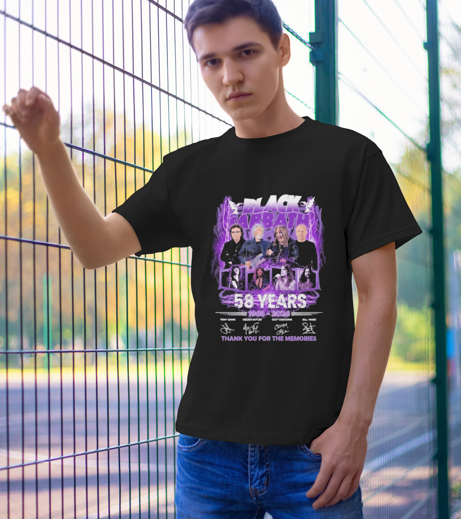 Black Sabbath 58 Years 1968 2026 Tony Iommi Geezer Butler Ozzy Osbourne Bill Ward Thank You For The Memories T-Shirt