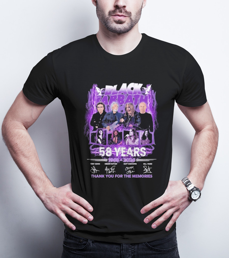 Black Sabbath 58 Years 1968 2026 Tony Iommi Geezer Butler Ozzy Osbourne Bill Ward Thank You For The Memories T-Shirt