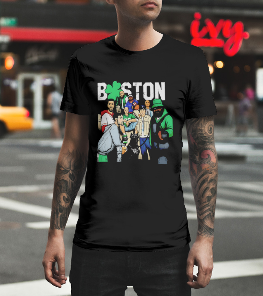 Boston Celtics Patriots Players With Shamrock And Boston T-Shirt
