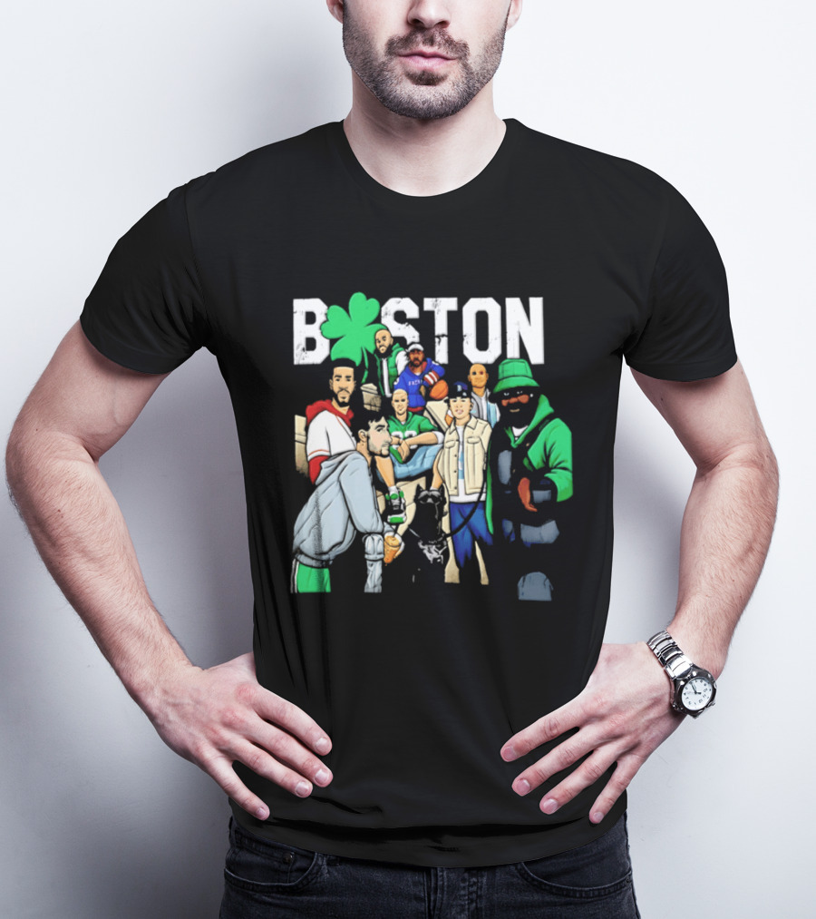Boston Celtics Patriots Players With Shamrock And Boston T-Shirt