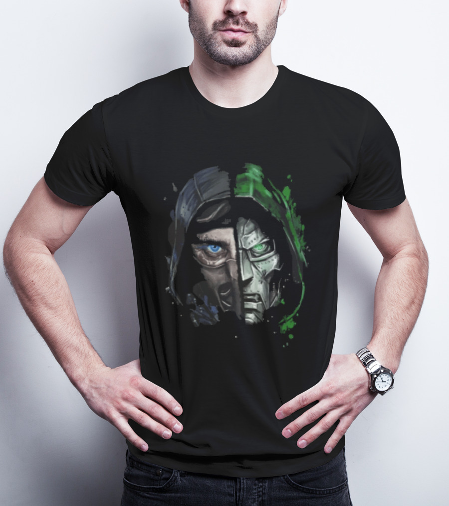 Doctor Doom Sub Zero Split Face Hooded Mask Paint Splatter T-Shirt