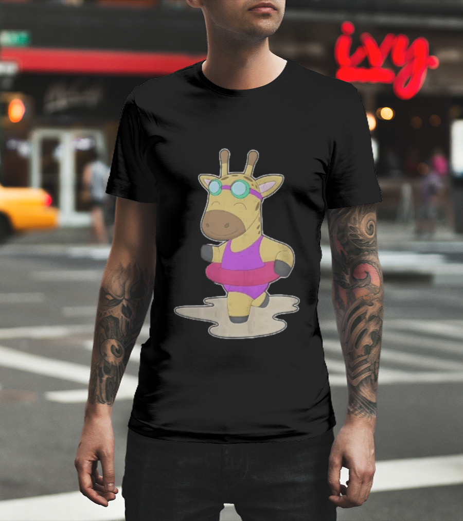 Giraffe Wearing Pink Swimsuit And Goggles With Inflatable Float Summer Fun T-Shirt