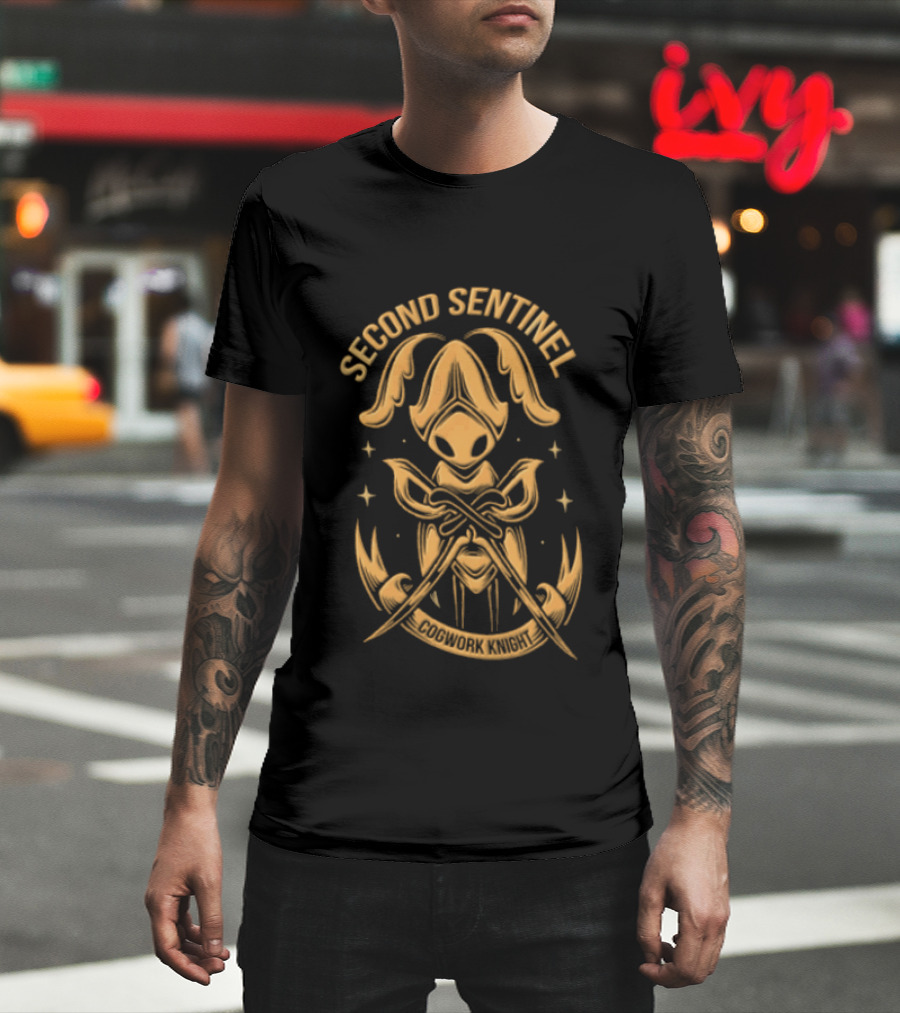Second Sentinel Cogwork Knight Horned Insect Warrior Crossed Swords T-Shirt