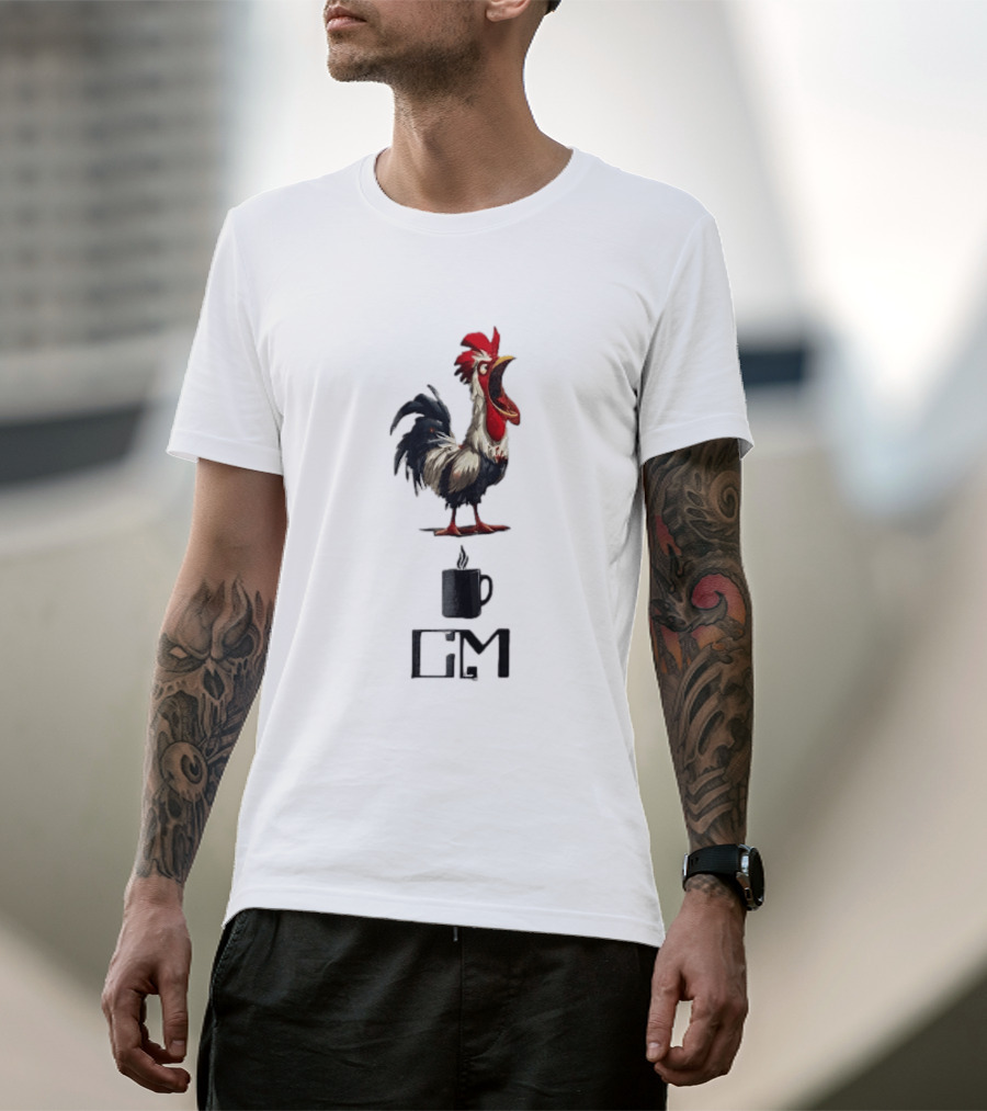 GM Cartoon Crowing Rooster Steaming Black Coffee T-Shirt