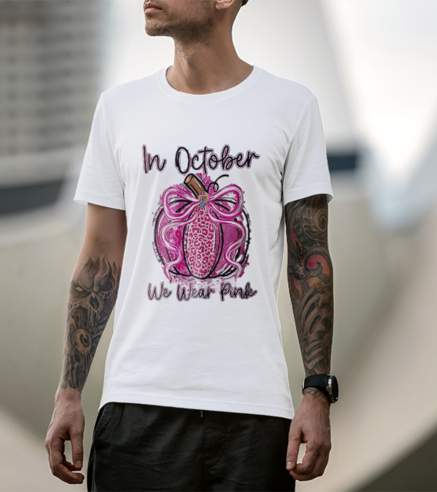 In October We Wear Pink Leopard Pumpkin Breast Cancer Ribbon Bow T-Shirt