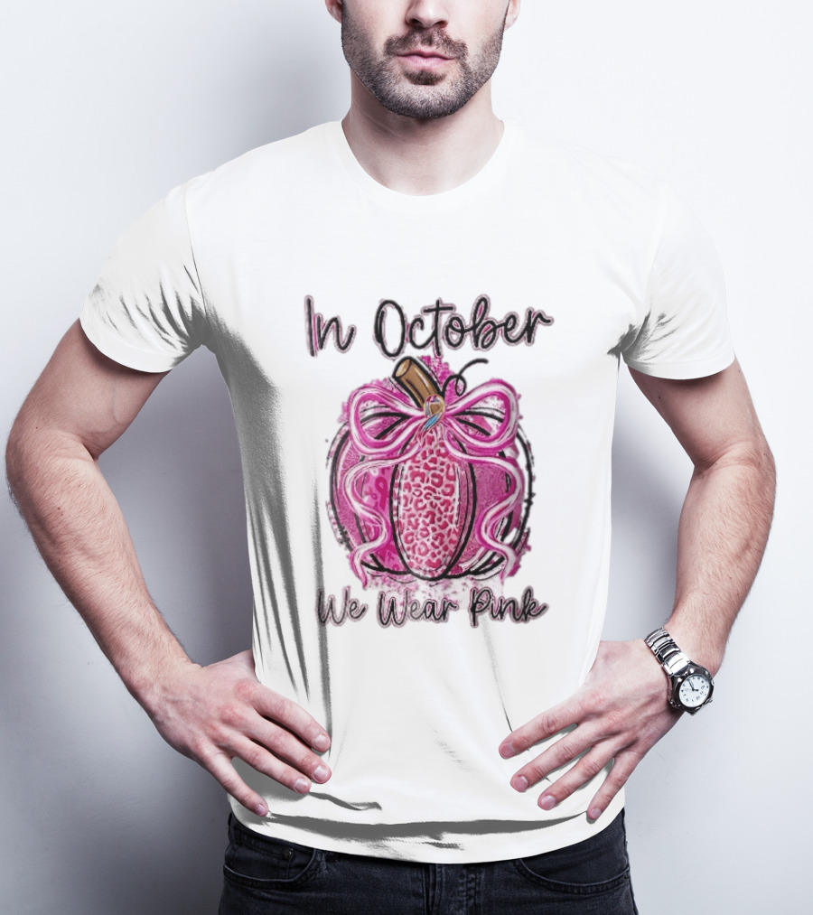 In October We Wear Pink Leopard Pumpkin Breast Cancer Ribbon Bow T-Shirt