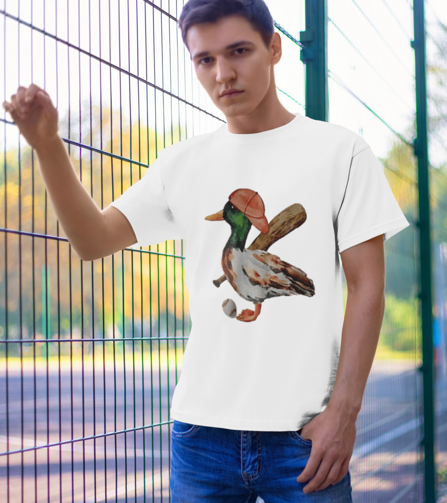 Mallard Duck Baseball Player Red Cap Wooden Bat Watercolor Mallard T-Shirt