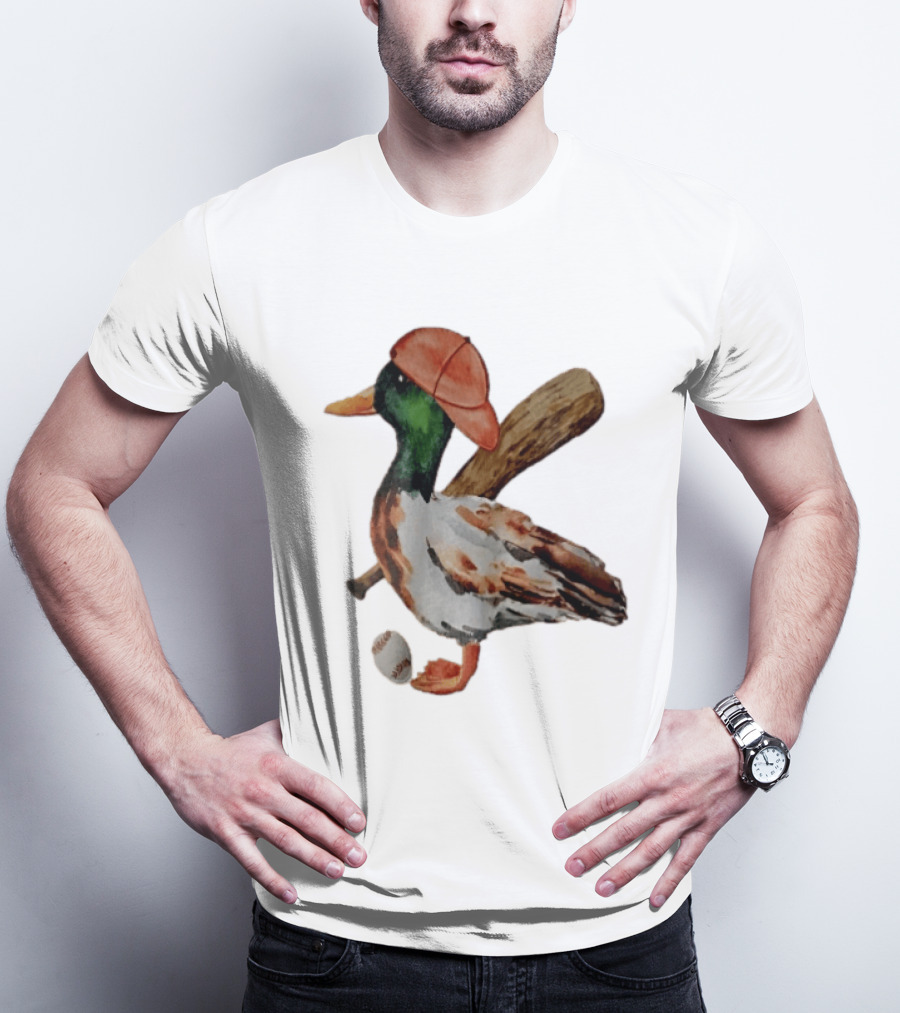 Mallard Duck Baseball Player Red Cap Wooden Bat Watercolor Mallard T-Shirt