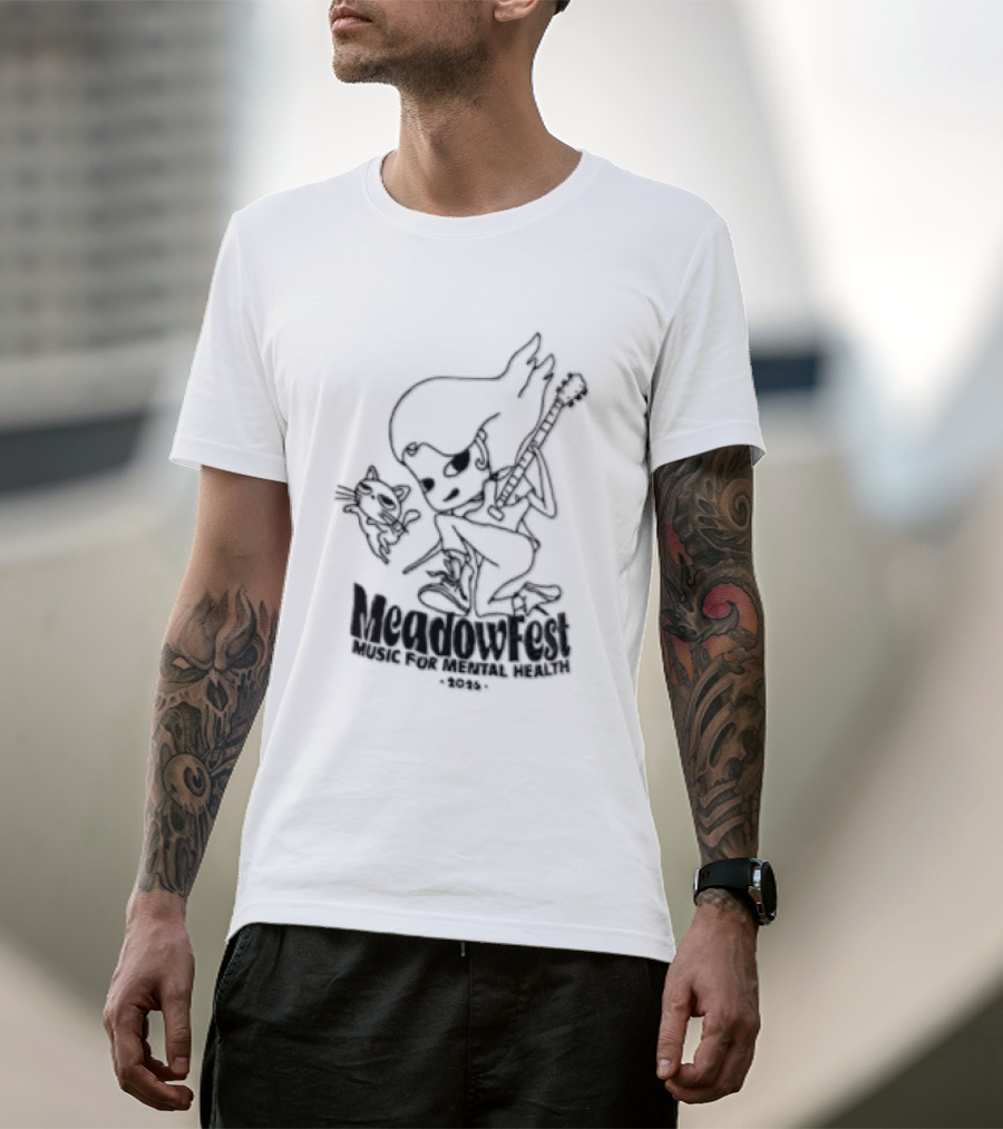 Meadowfest Dancing Cat Line Guitarist For Music And Mental Health T-Shirt