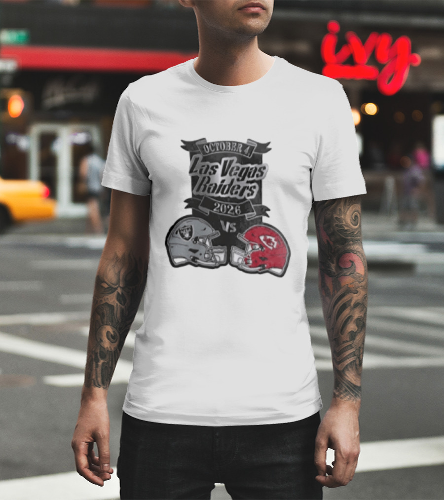 Las Vegas Raiders Vs 2026 October 4 Red Silver Opposing Football Helmets T-Shirt