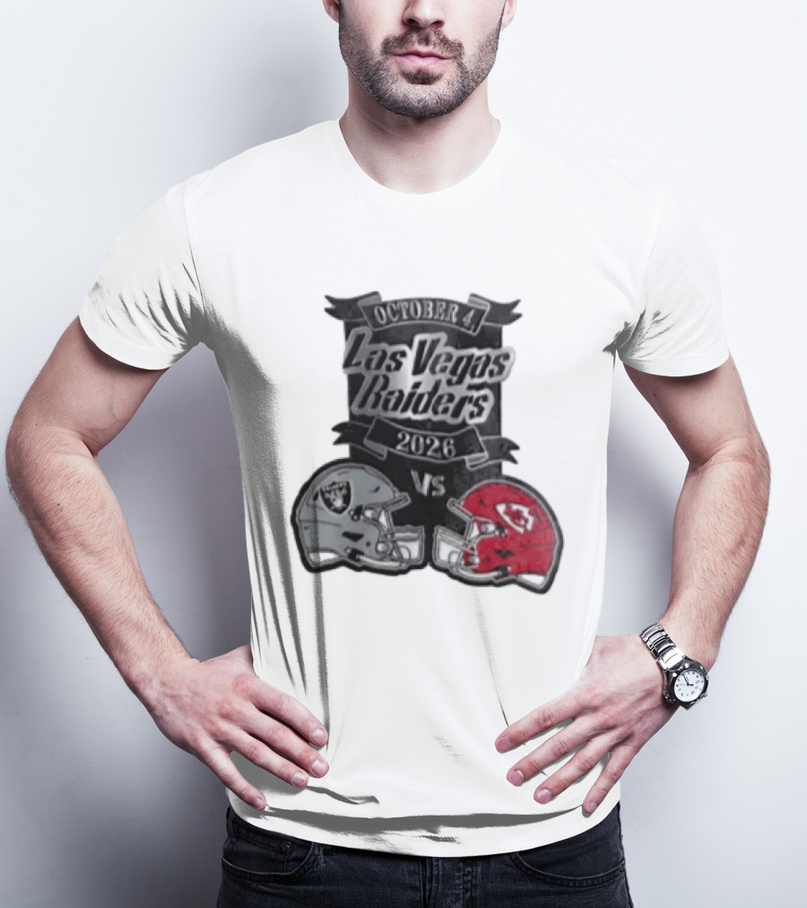 Las Vegas Raiders Vs 2026 October 4 Red Silver Opposing Football Helmets T-Shirt