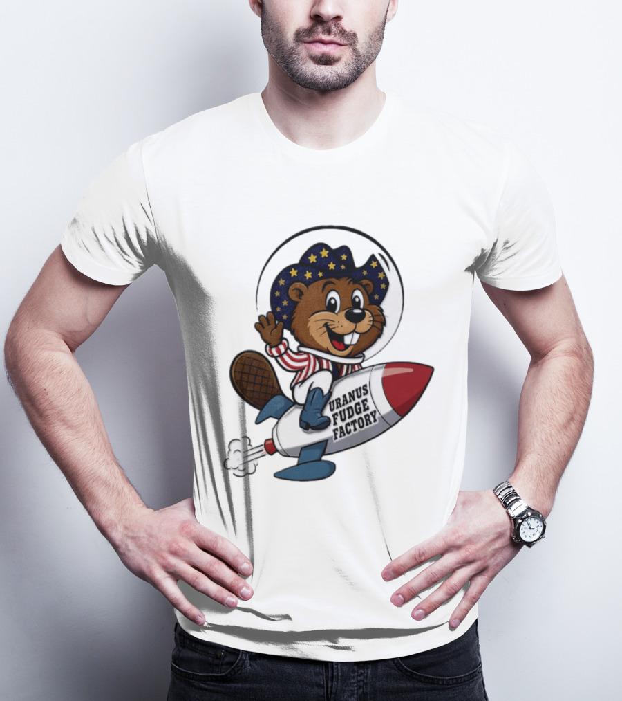 Uranus Fudge Factory Patriotic Beaver Riding Rocket T-Shirt