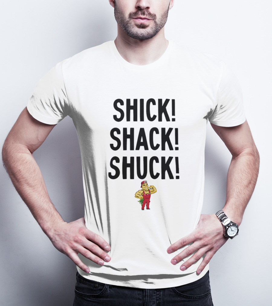 SHICK SHACK SHUCK Strongman Red Overalls Cartoon T-Shirt
