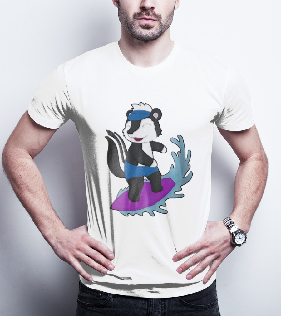 Skunk Surfing Cartoon On Purple Surfboard With Blue Waves And Summer Vibes T-Shirt