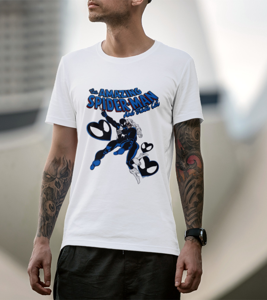 The Amazing Spider Man Hugs Black Cat With Hearts T-Shirt