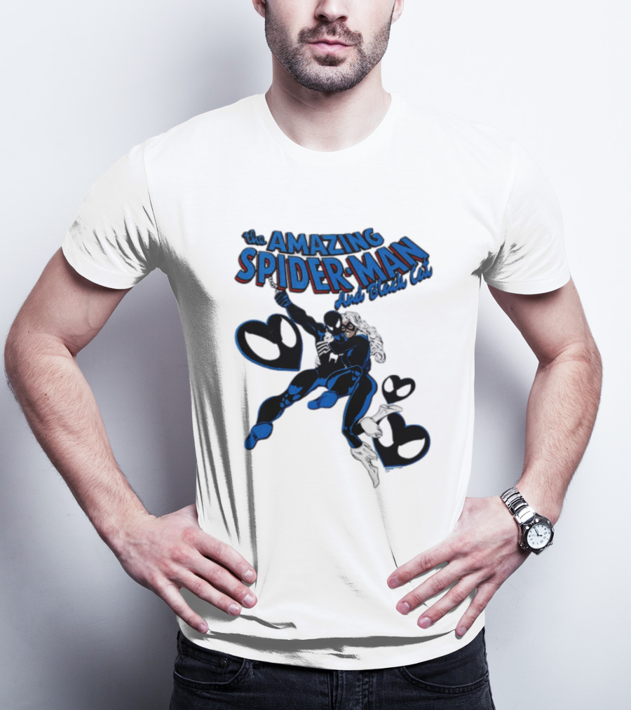 The Amazing Spider Man Hugs Black Cat With Hearts T-Shirt
