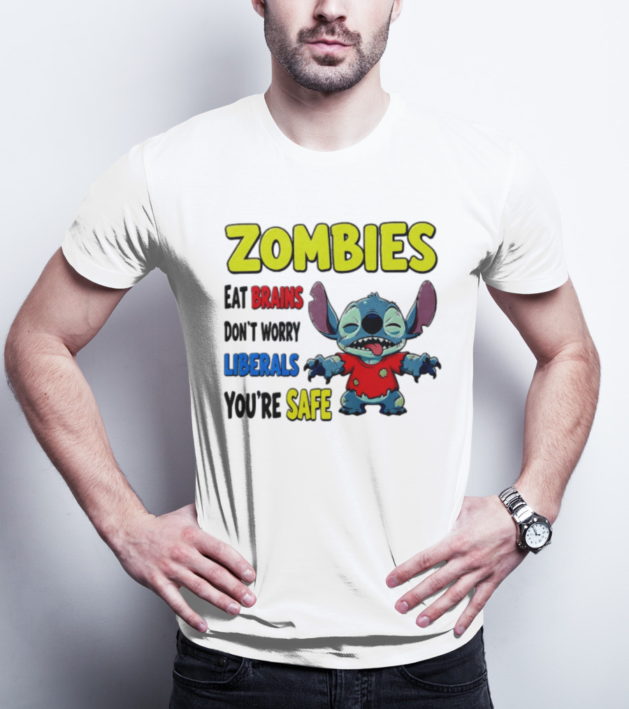 Zombies Eat Brains Don't Worry Liberals You're Safe Stitch Cartoon Creature Stitched Red T-Shirt