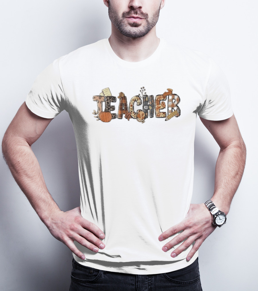 Teacher Fall Autumn Pumpkin Globe Pencil Pie Slice T-Shirt